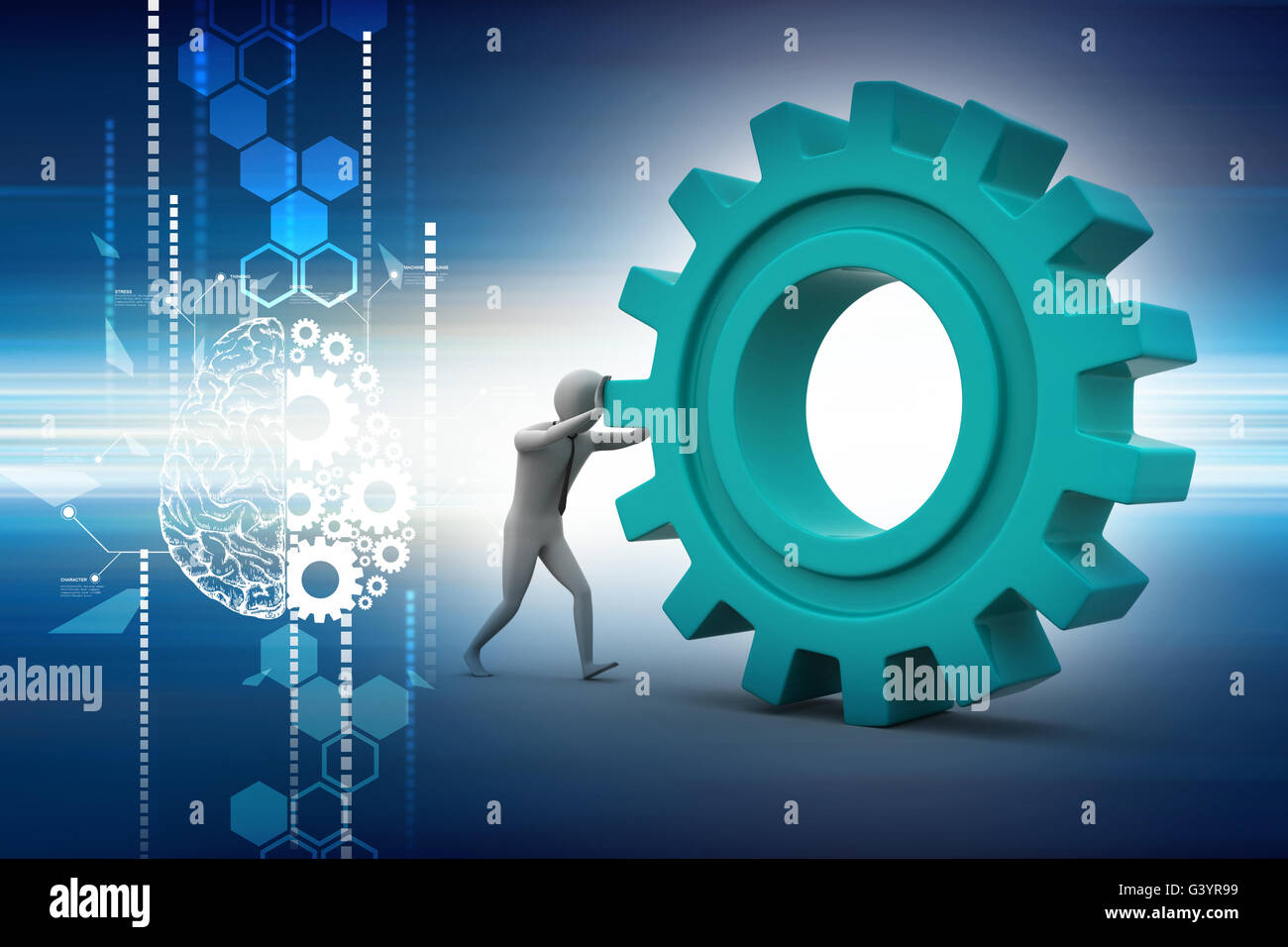 Man pushing gear wheel in color background Stock Photo - Alamy