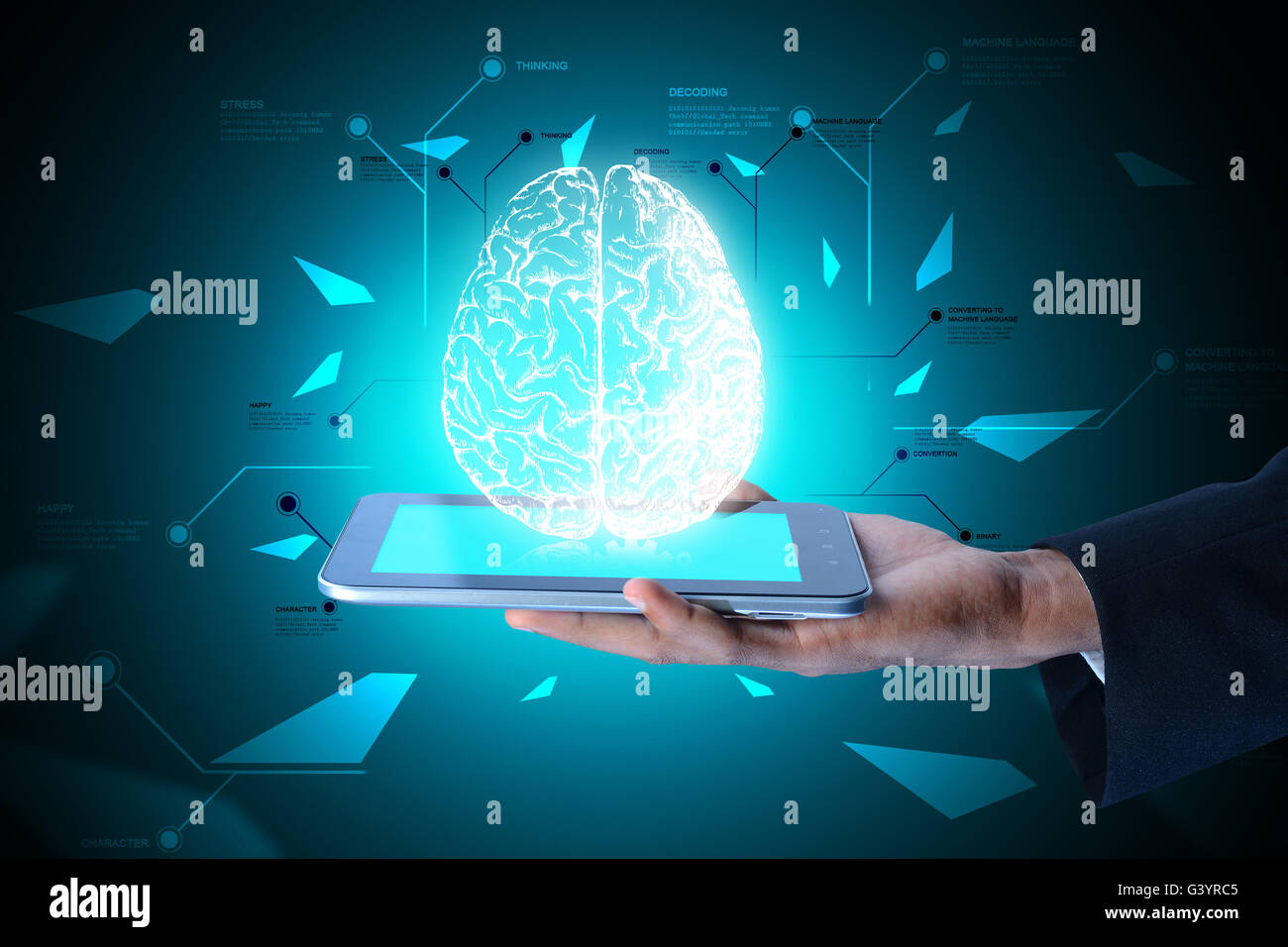 Man showing brain on a smart phone in color background Stock Photo - Alamy