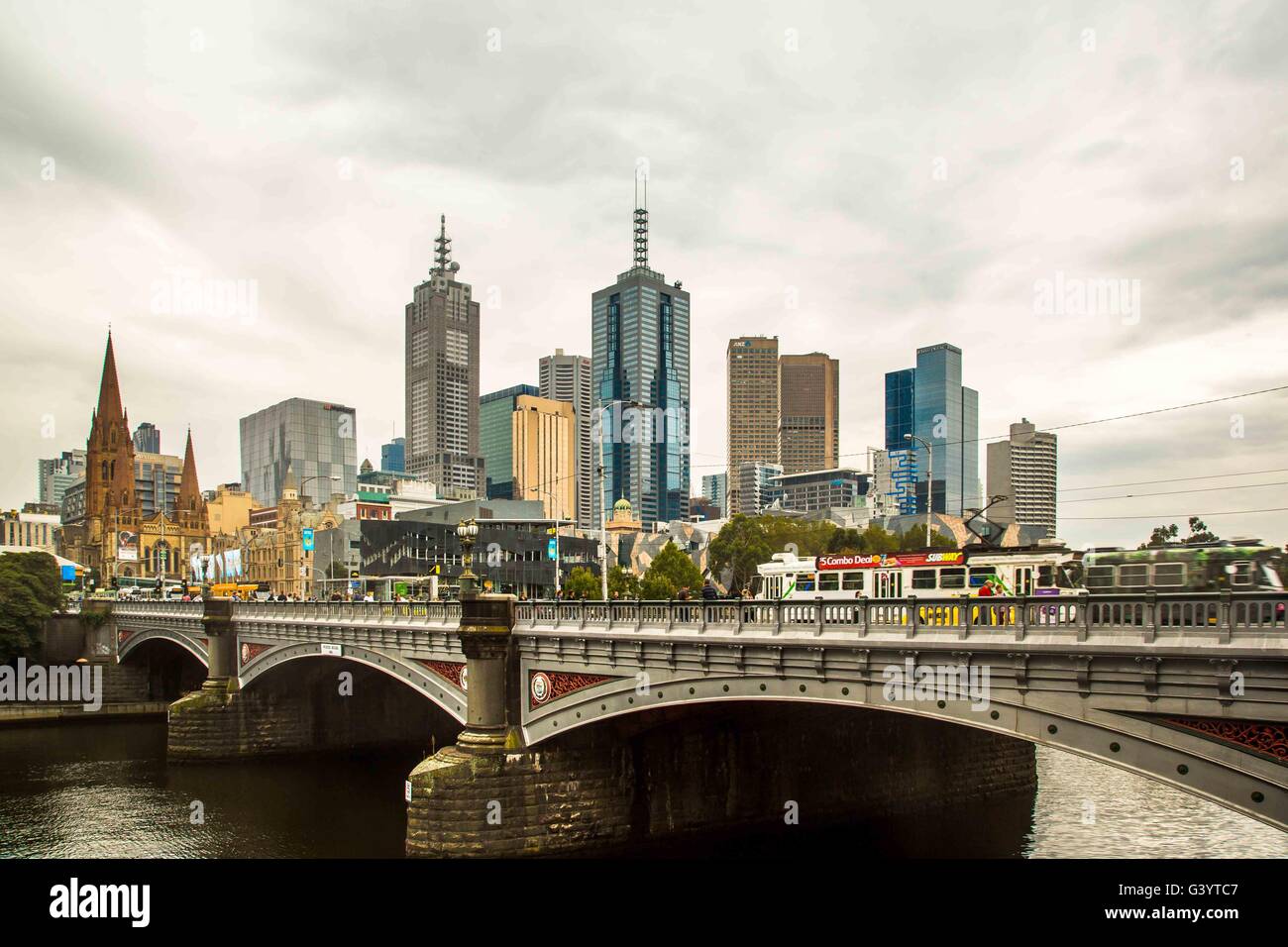 A view of the Yarry River bridge with traffic in the City of Melbourne ...