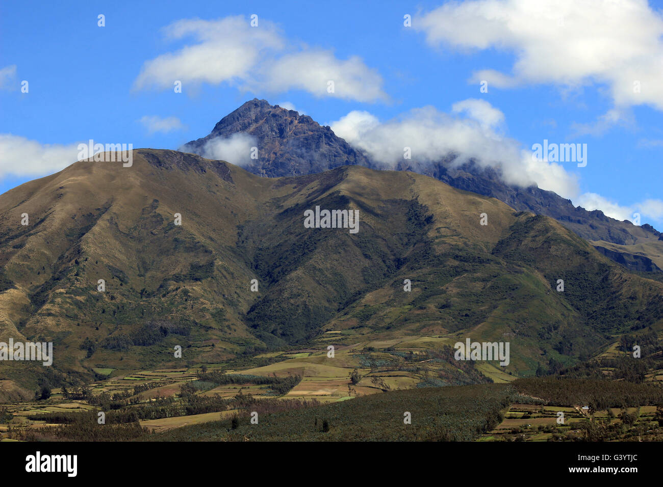The volcano, Mount Cotacachi, in the Andes Mountains near Cotacachi ...