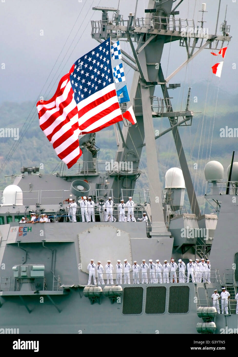U.S. Navy Sailors line the rails aboard the Guided Missile Destroyer ...