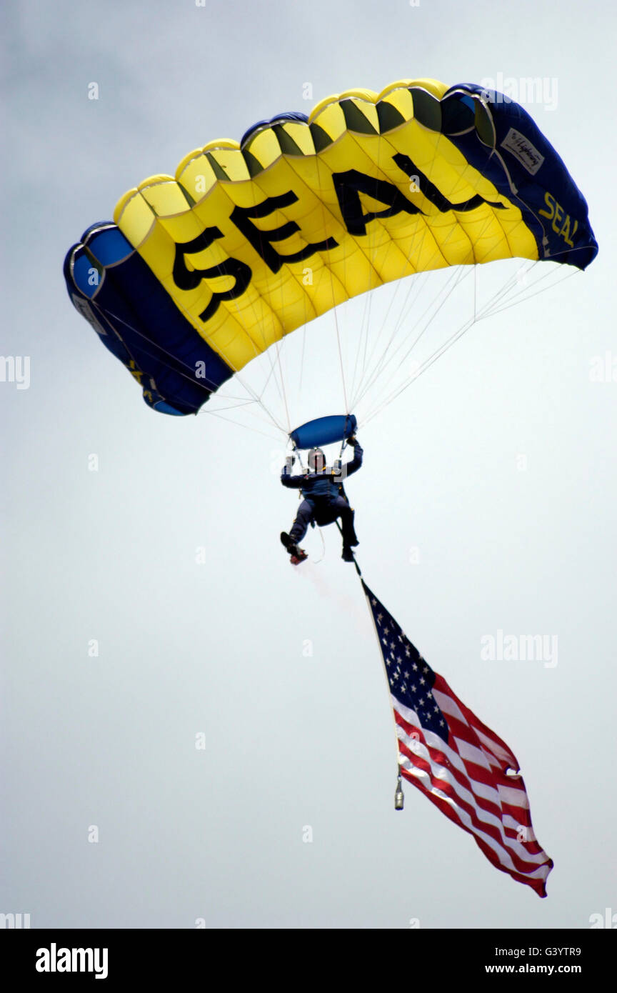A member of the u s navy parachute demonstration team hi-res stock ...
