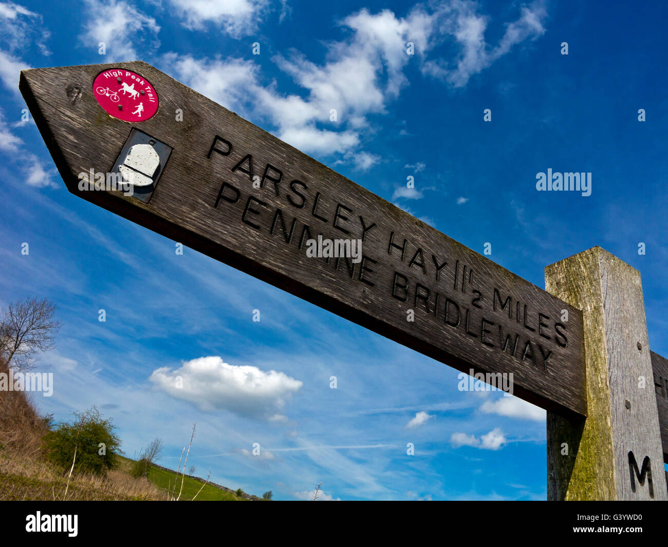 Wooden footpath sign pointing to Parsley Hay on the Pennine Bridleway ...