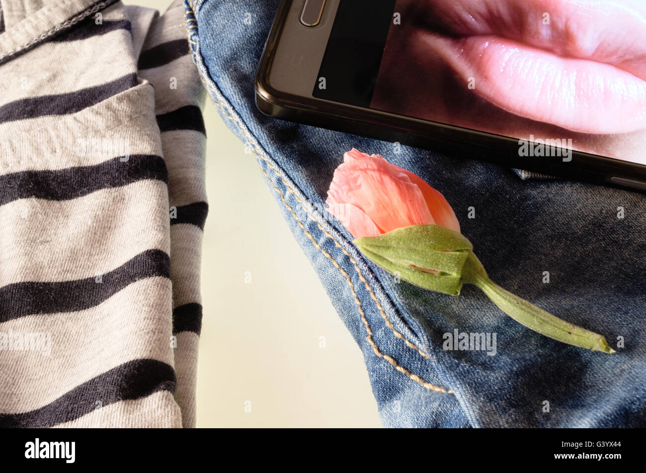 Denim, urban fashion. Background with lips closeup and a flower Stock ...