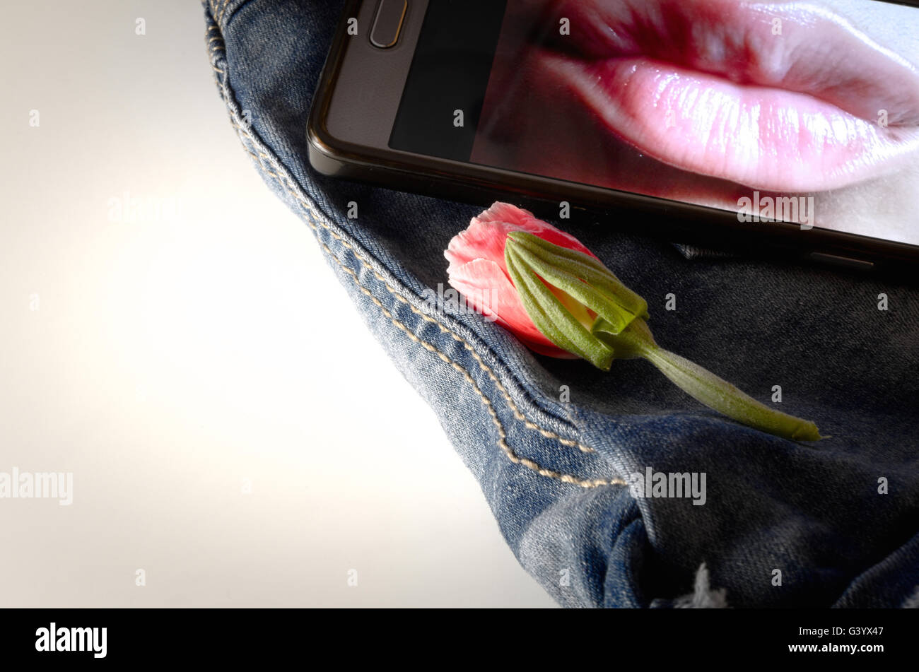 Denim, urban fashion. Background with lips closeup and a flower Stock ...