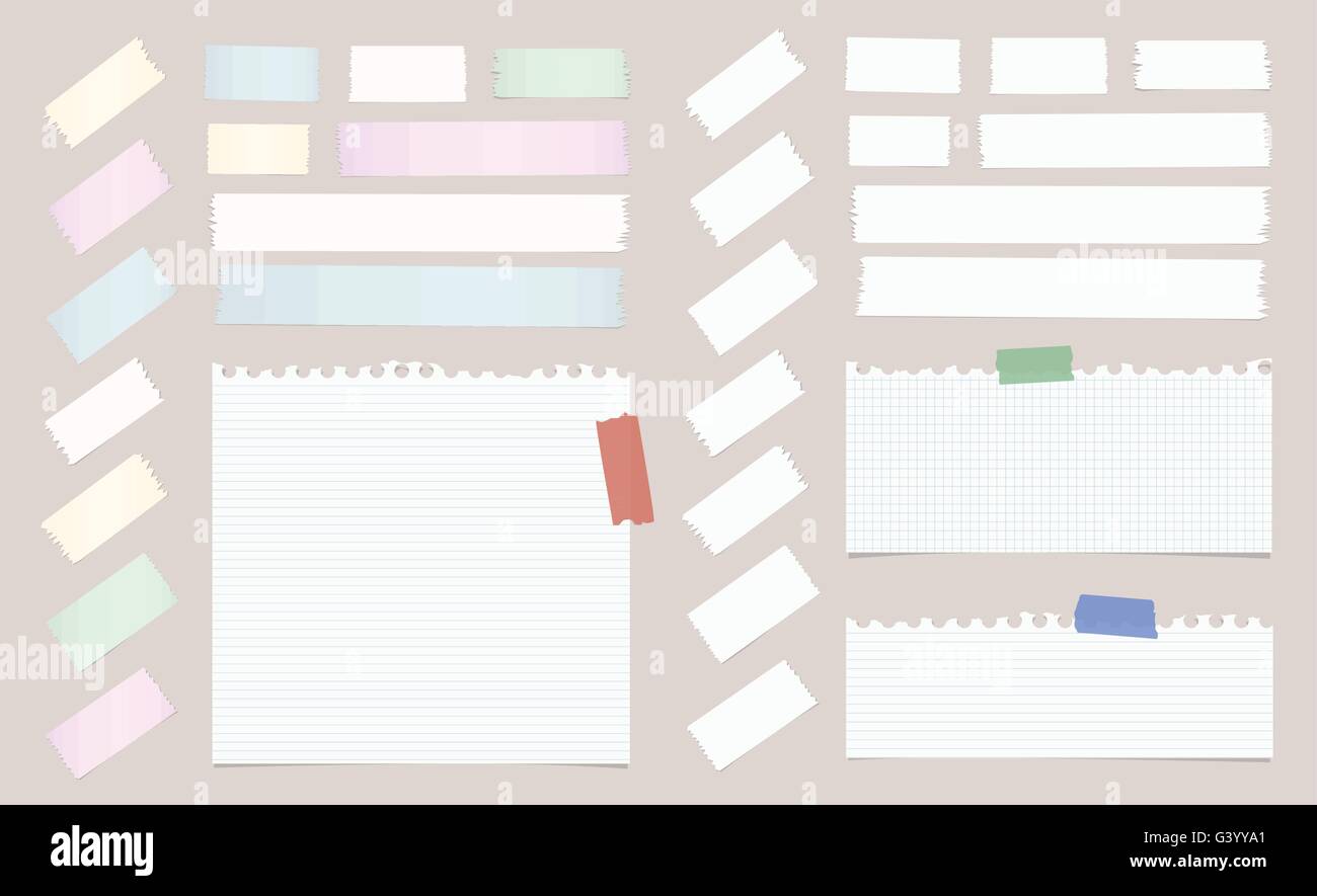 Pieces of ripped white squared, ruled notebook paper with masking tapes ...