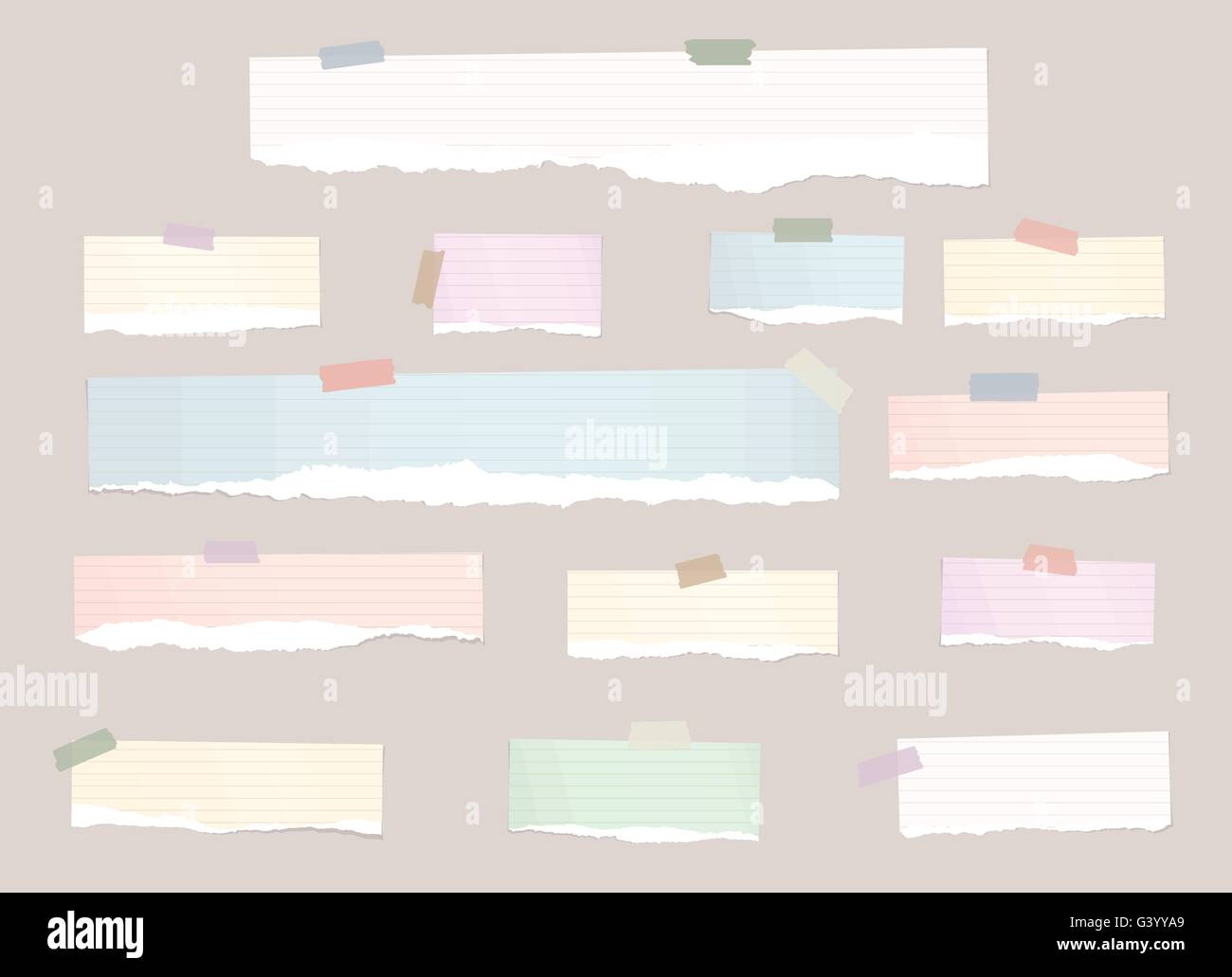 Torn colorful note paper pieces are stuck with sticky tapes on pink ...