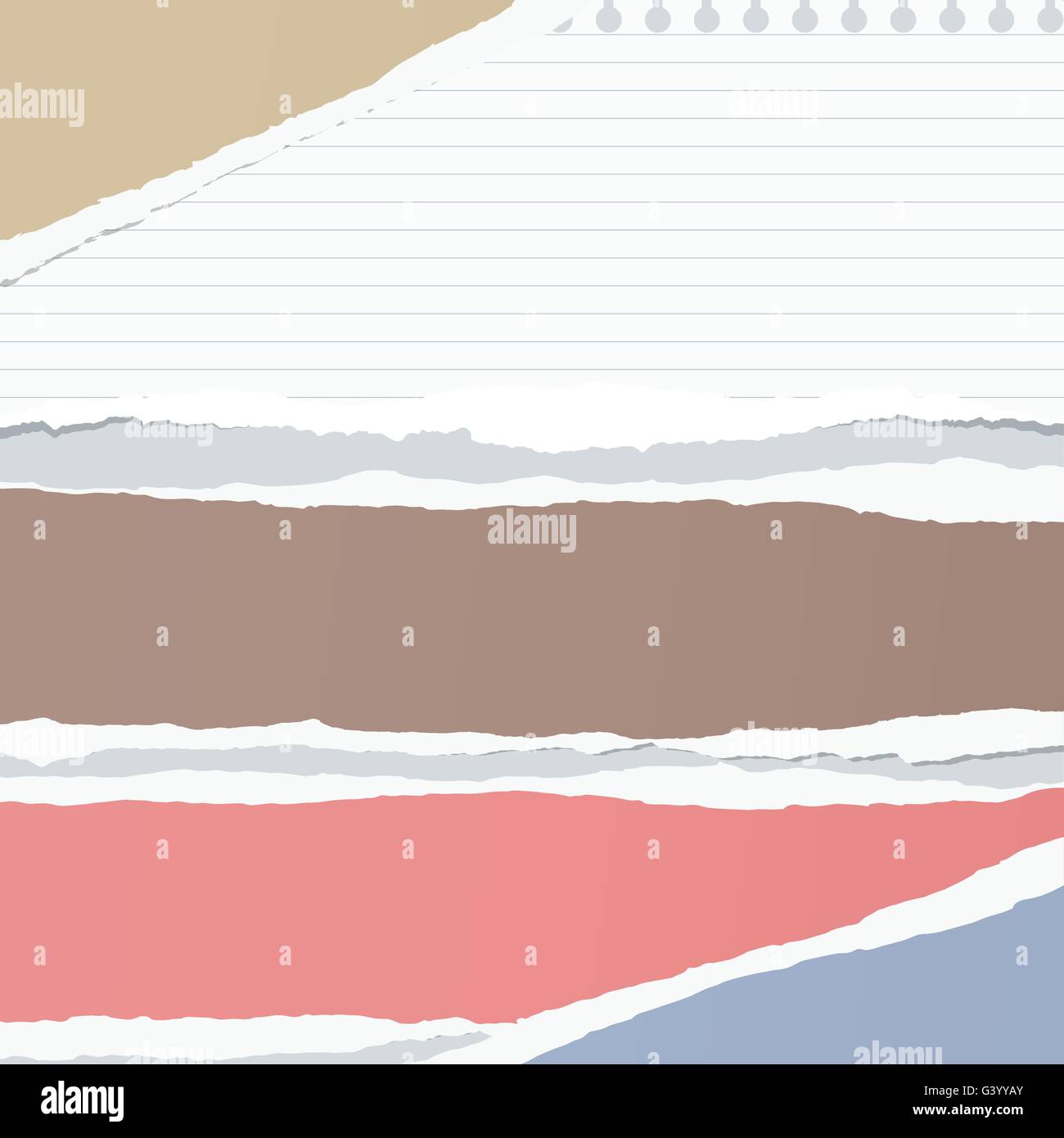 Ripped colorful and ruled notebook paper sheet are stuck on gray ...