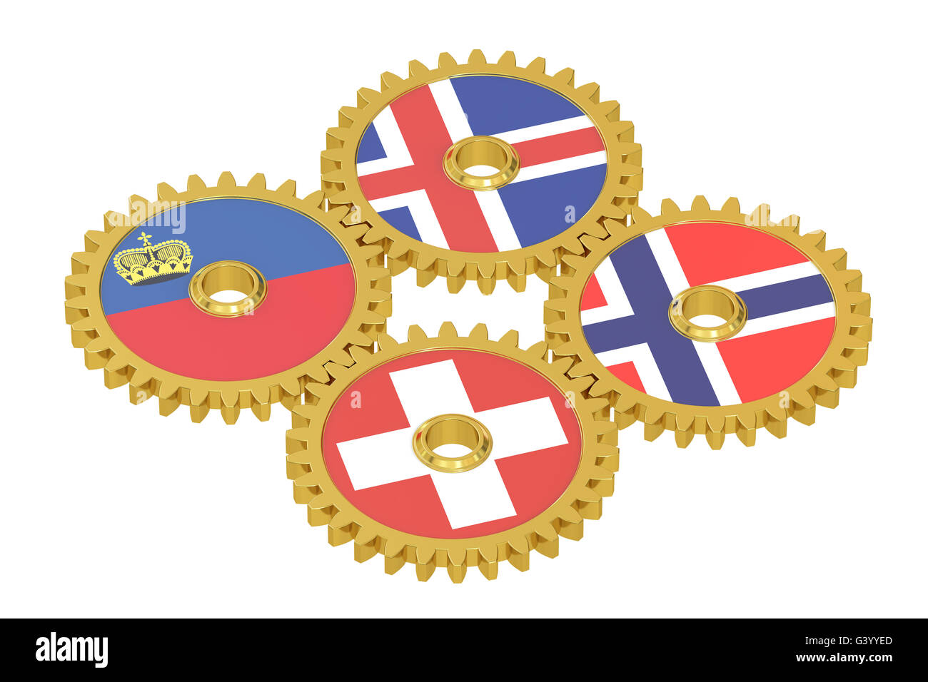 European Free Trade Association, EFTA concept on a gears, 3D rendering ...