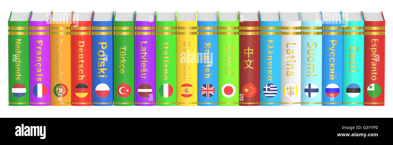 Row of Languages Books, 3D rendering isolated on white background Stock ...