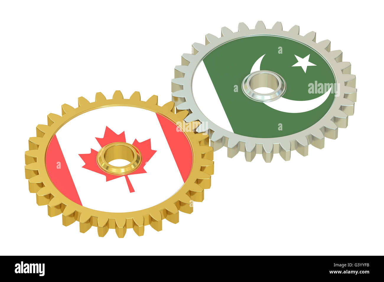 Canada and Pakistan flags on a gears, 3D rendering isolated on white ...