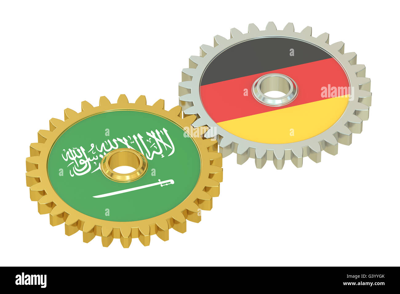 Saudi Arabia and Germany flags on a gears, 3D rendering isolated on ...