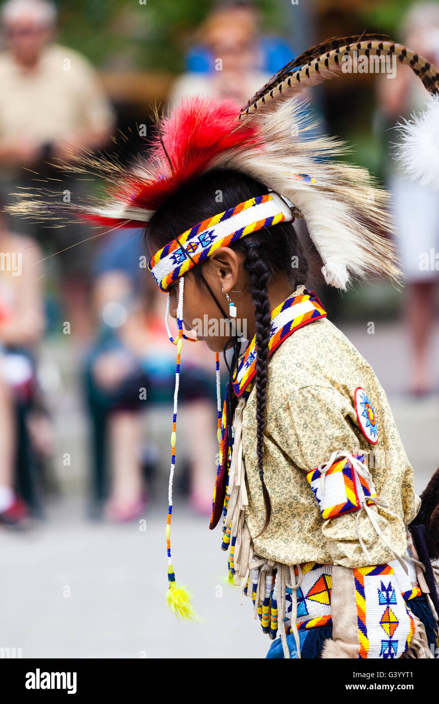 Banff, Canada - July 3, 2014: A young native Blackfoot indian dancer ...