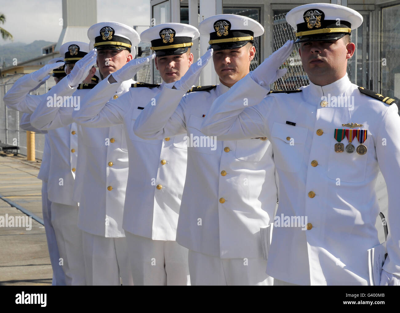 Officers render honors during a change of command ceremony Stock Photo ...