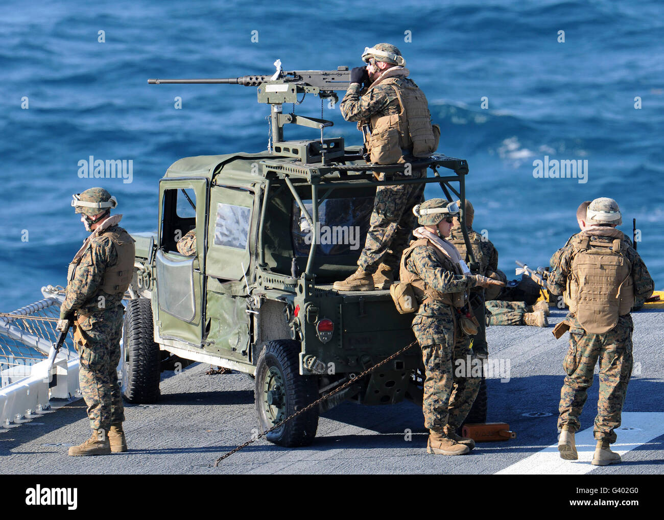 Marines provide security aboard amphibious assault ship USS Iwo Jima ...