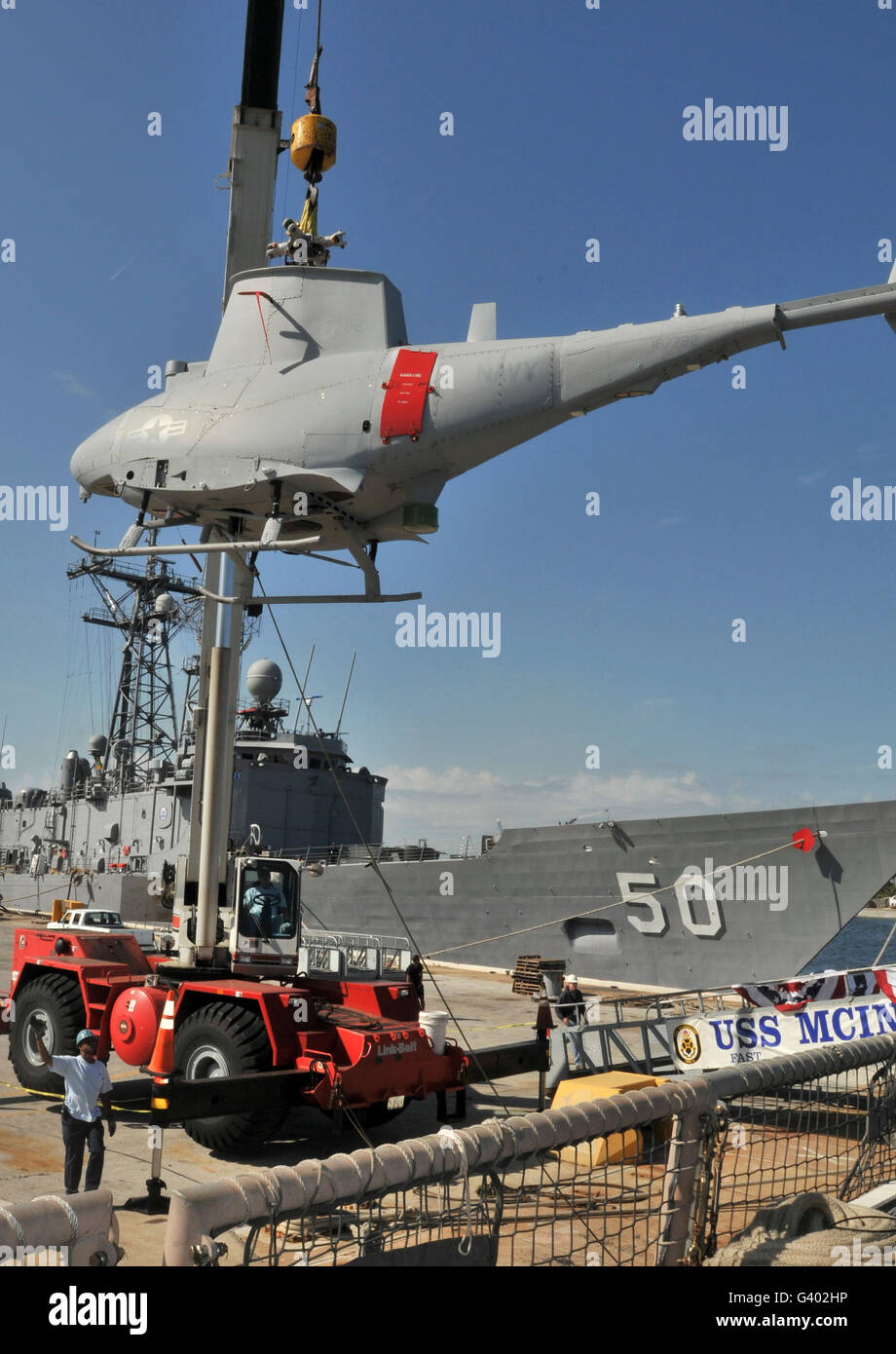 An MQ-8B Fire Scout is craned of USS McInerney Stock Photo - Alamy