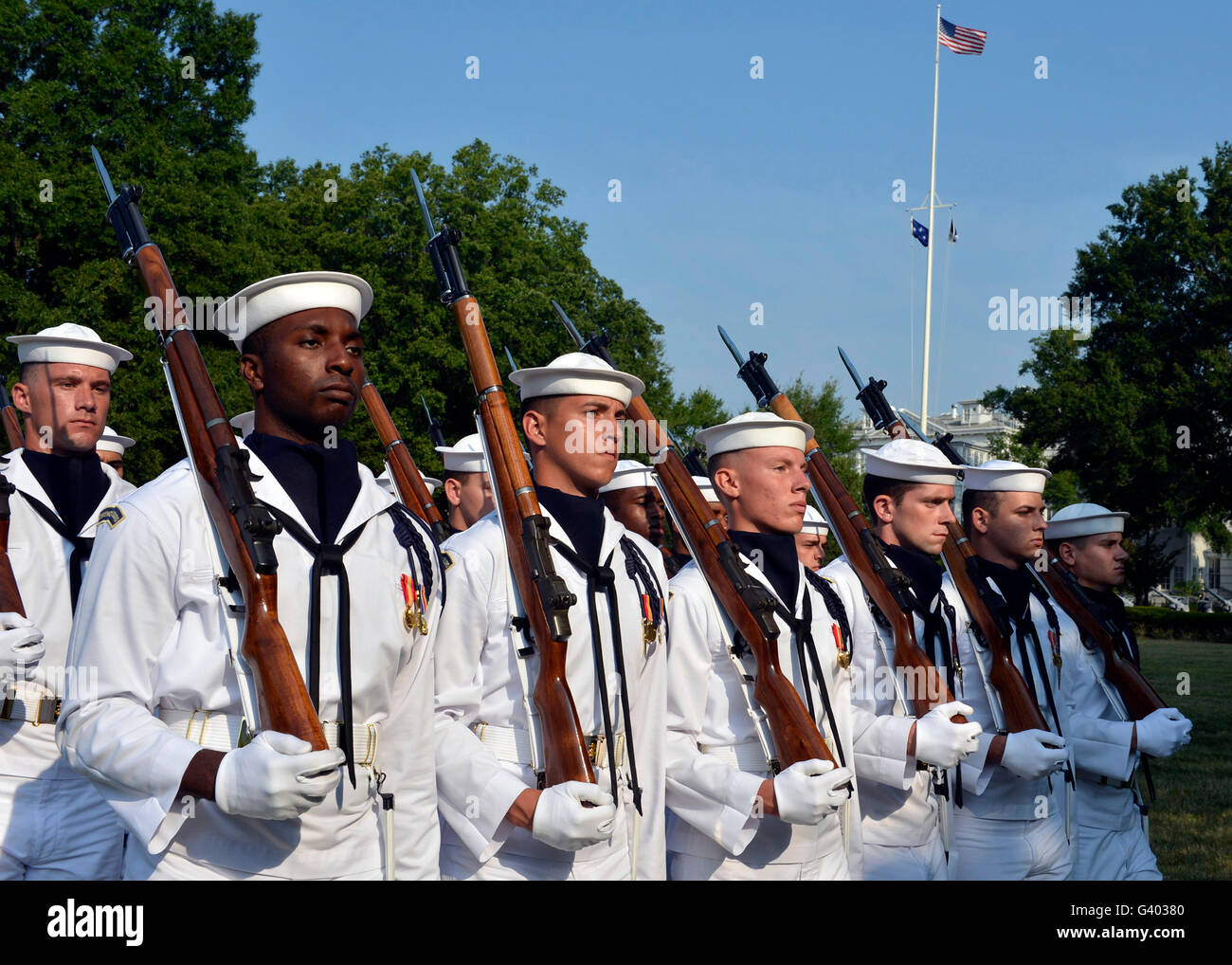 The U.S. Navy Ceremonial Honor Guard performs during a ceremony Stock ...