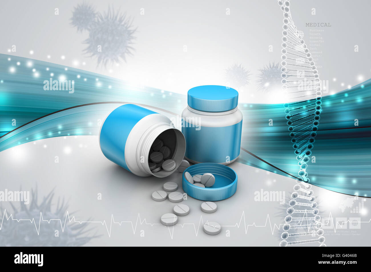 Medicine and bottle in color background Stock Photo - Alamy