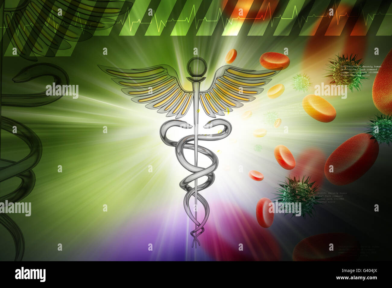 Medical symbol with blood cells and virus in color background Stock ...