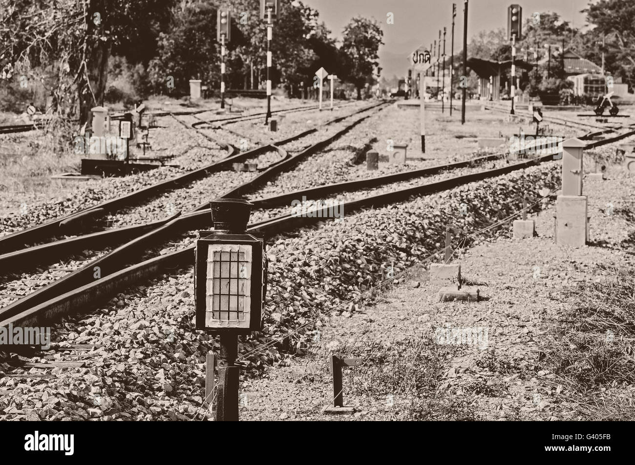 railway and traffic lights with shunt in old vintage light Stock Photo ...