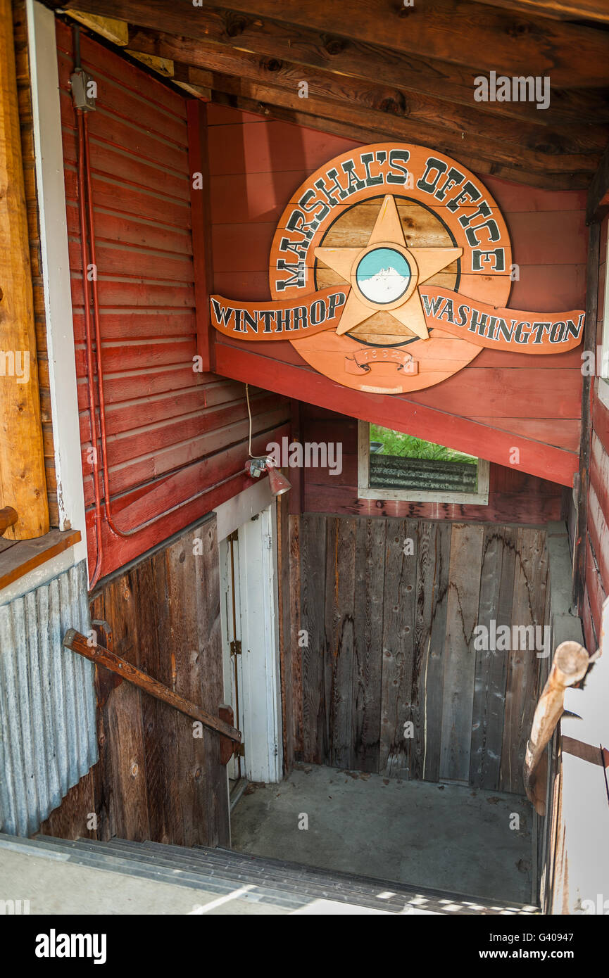entrance with sign of Marshall's office in Winthrop, Washington Stock ...
