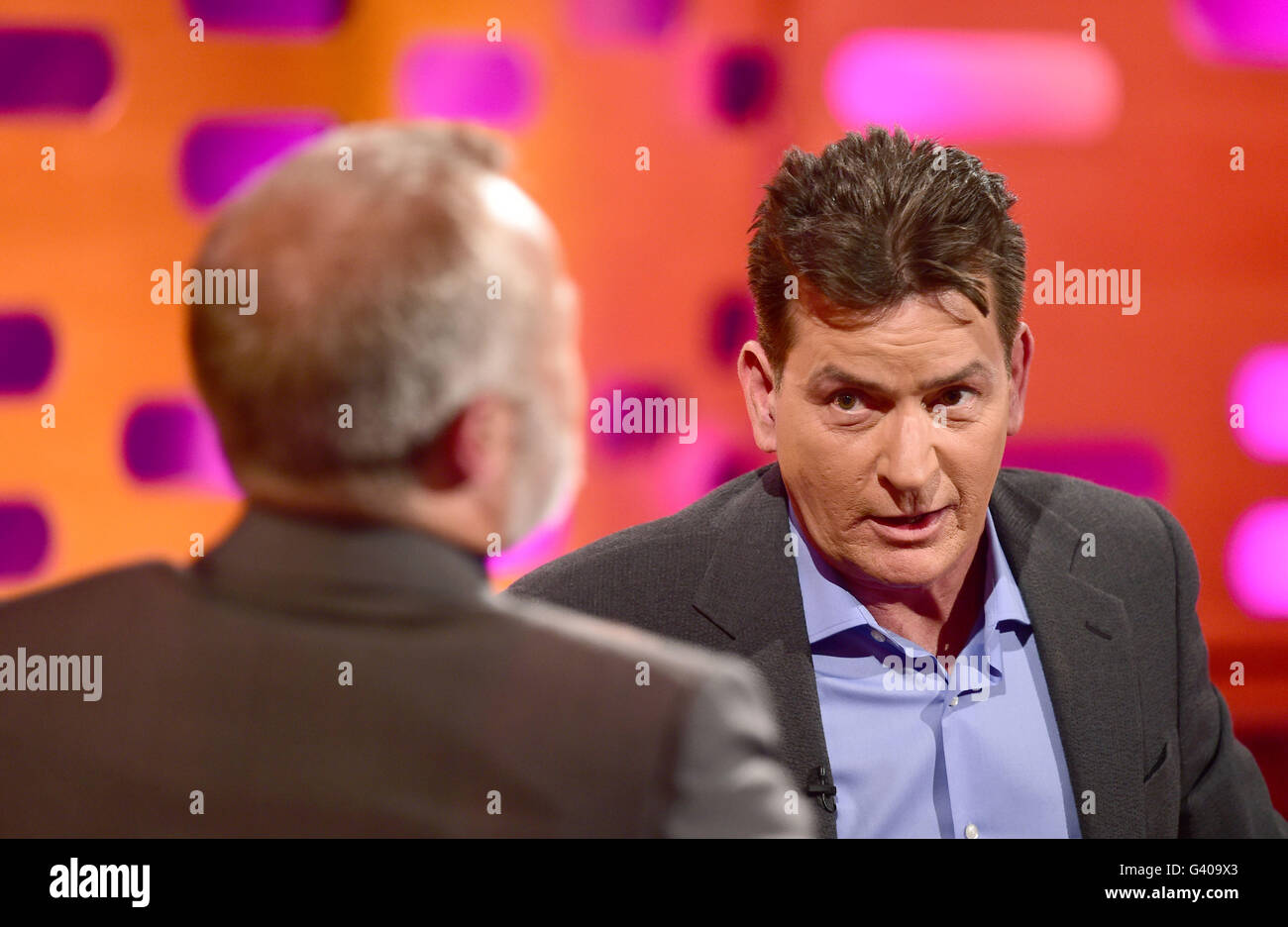 Presenter Graham Norton (left) and Charlie Sheen during filming of The ...