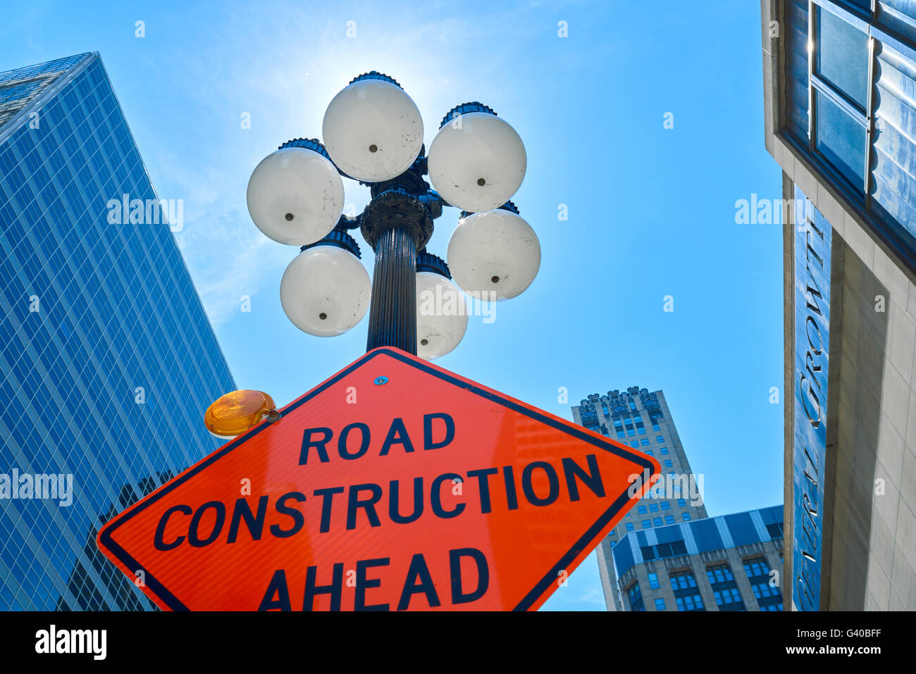 Road Construction Ahead sign in downtown Chicago Stock Photo - Alamy