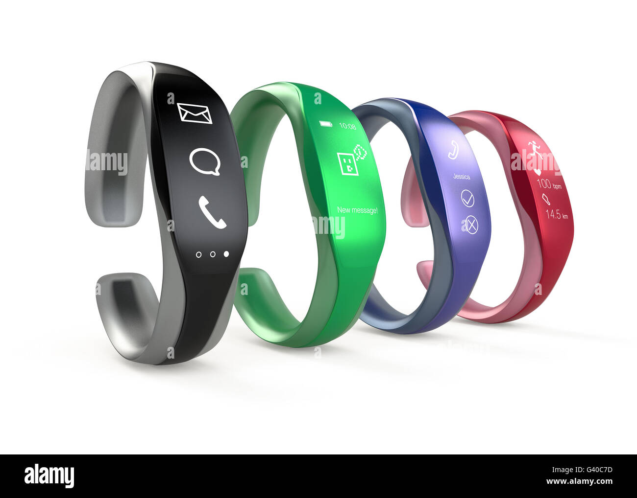 Colorful smart bands with rubber bracelet isolated on white background ...
