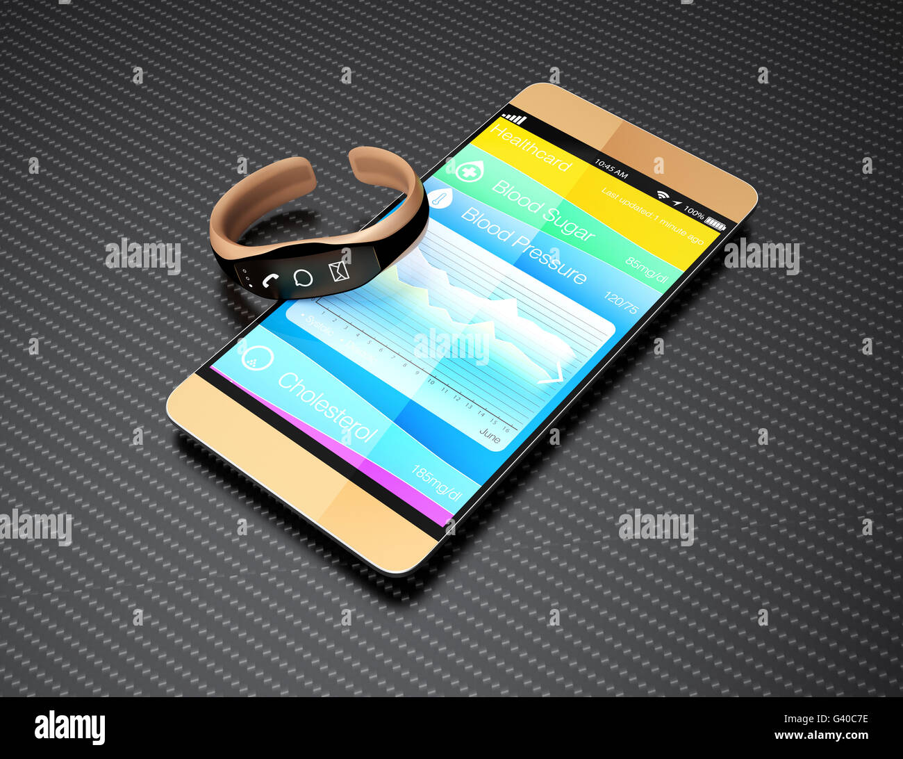 Smart band and smartphone on a carbon texture surface. 3D rendering ...