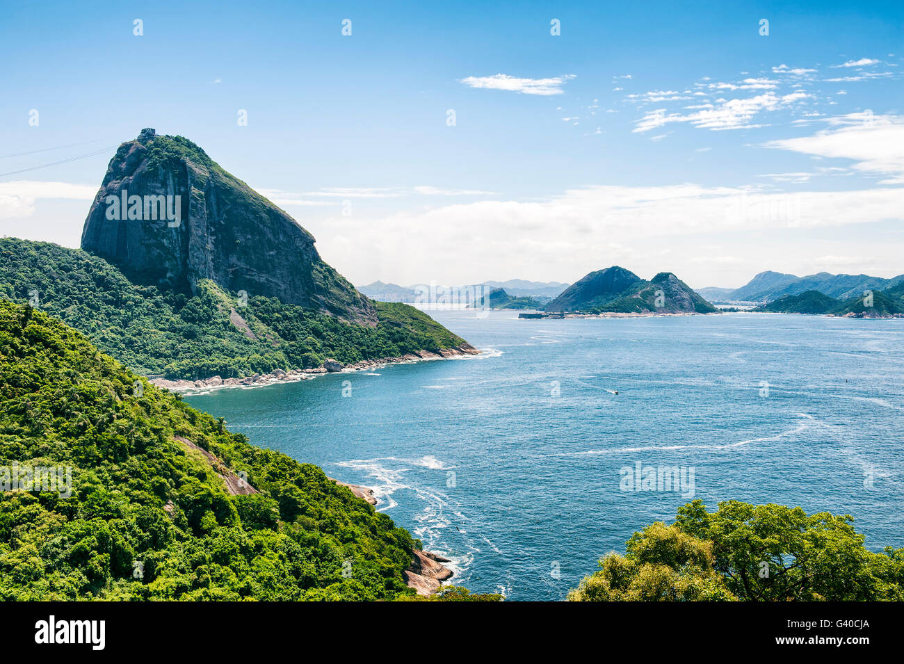Scenic green view of Sugarloaf Mountain standing above Guanabara Bay in ...