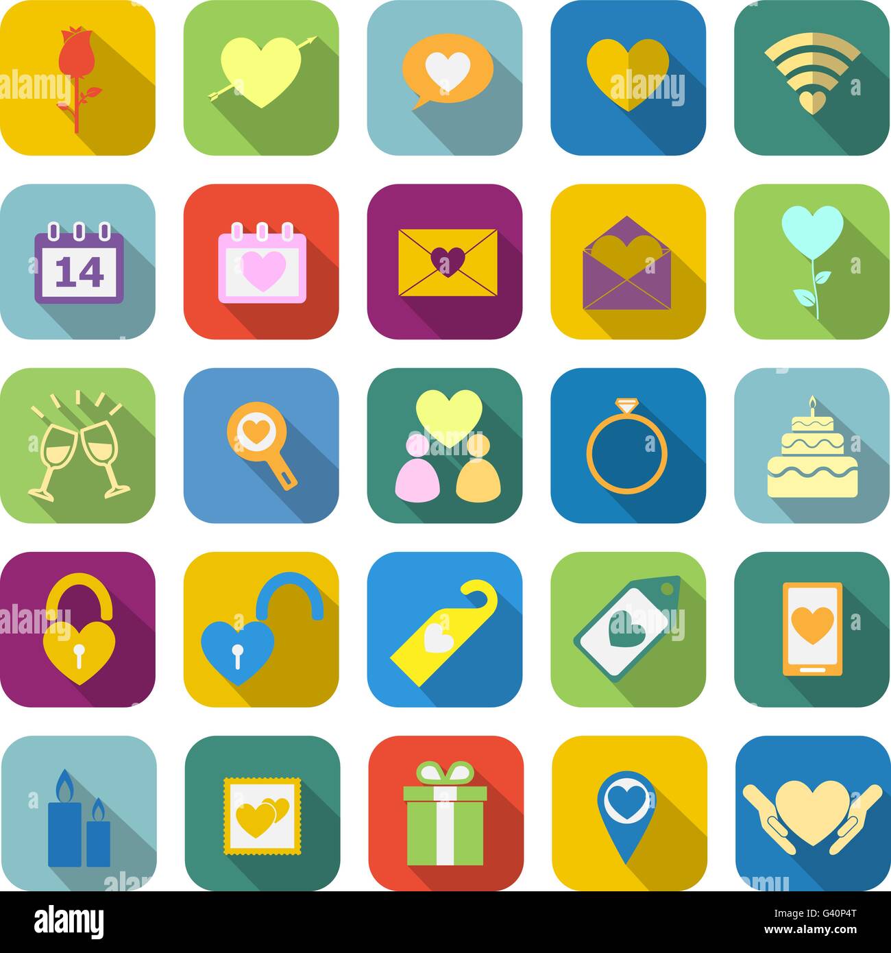 Valentine's day color icons with long shadow on white background Stock ...