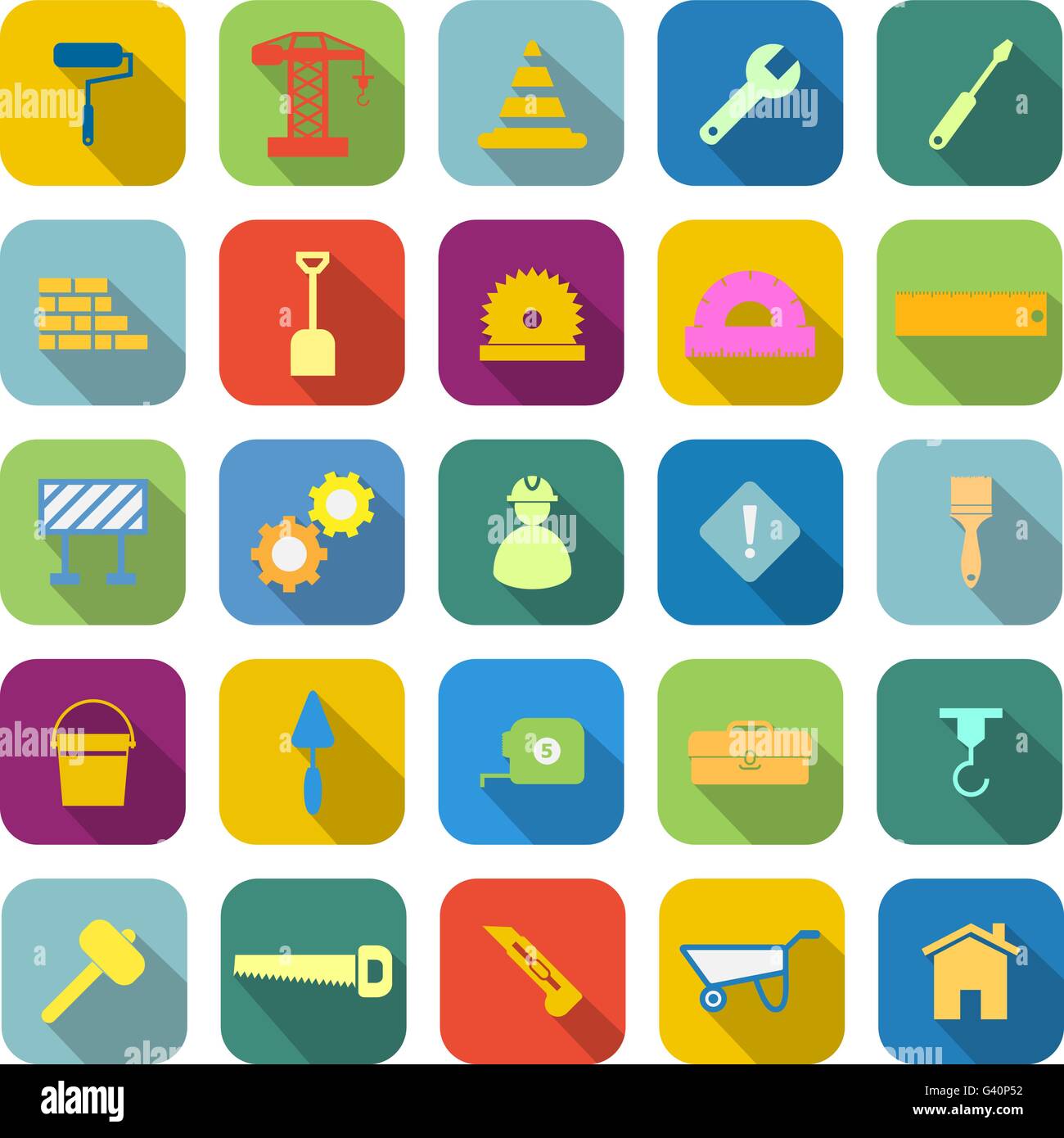 Construction color icons with long shadow on white background Stock ...