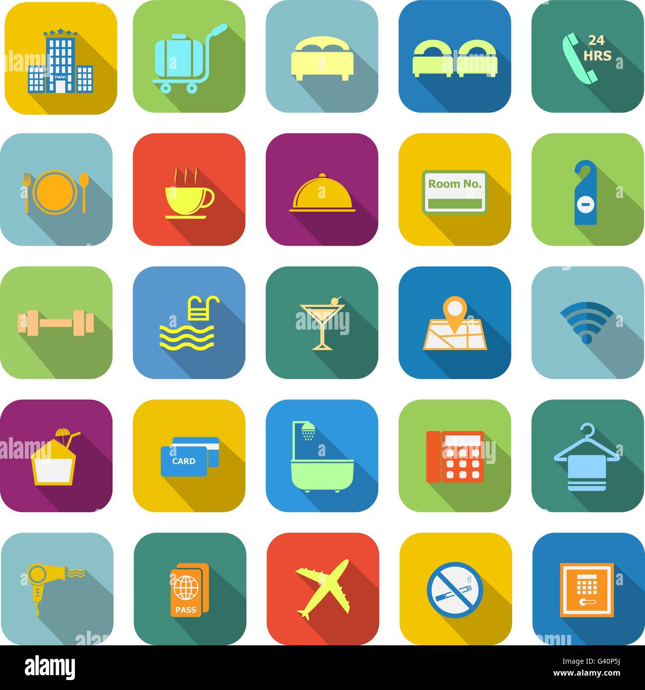 Hotel color icons with long shadow on white background Stock Vector ...