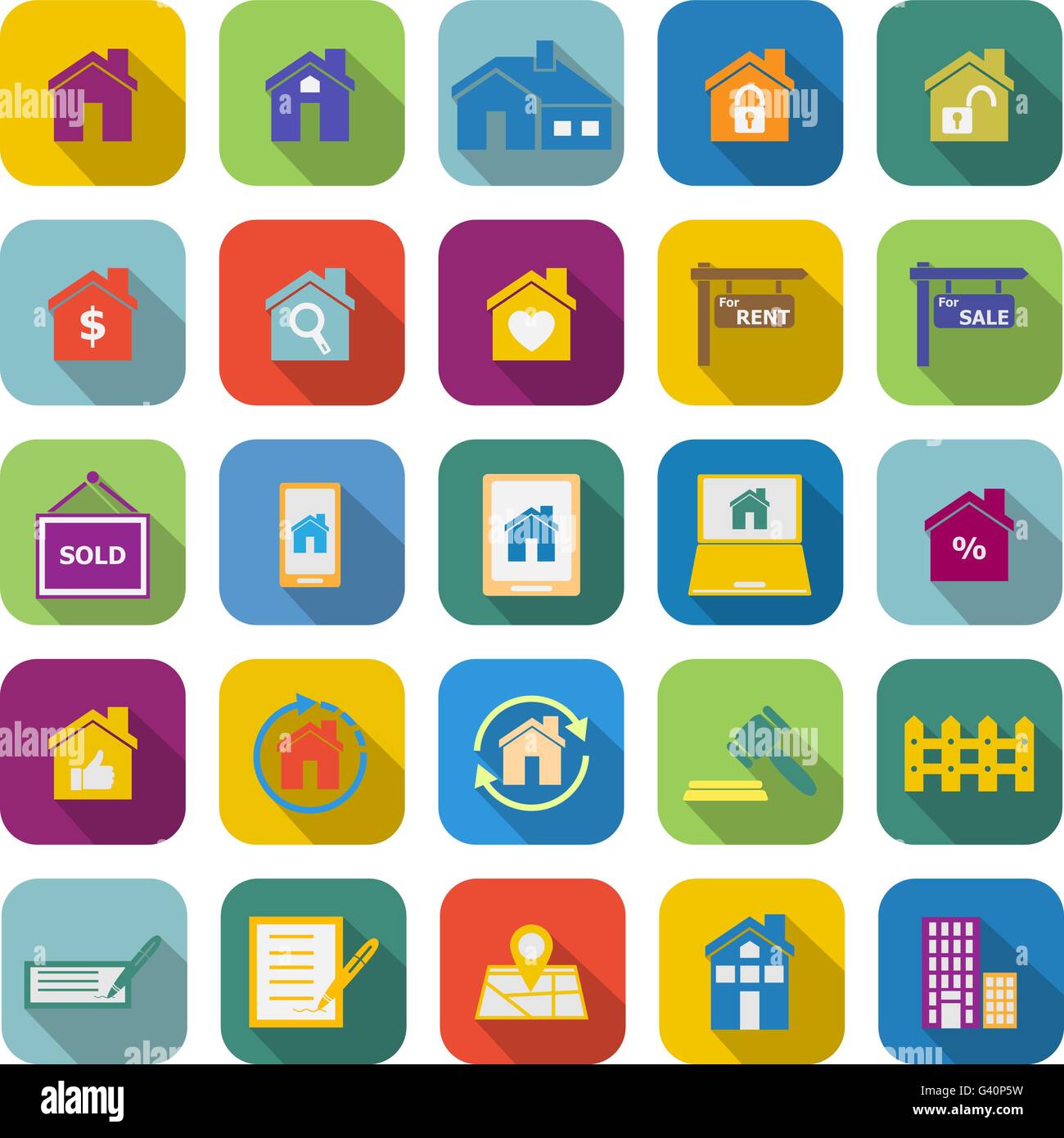 Real estate color icons with long shadow on white background Stock ...
