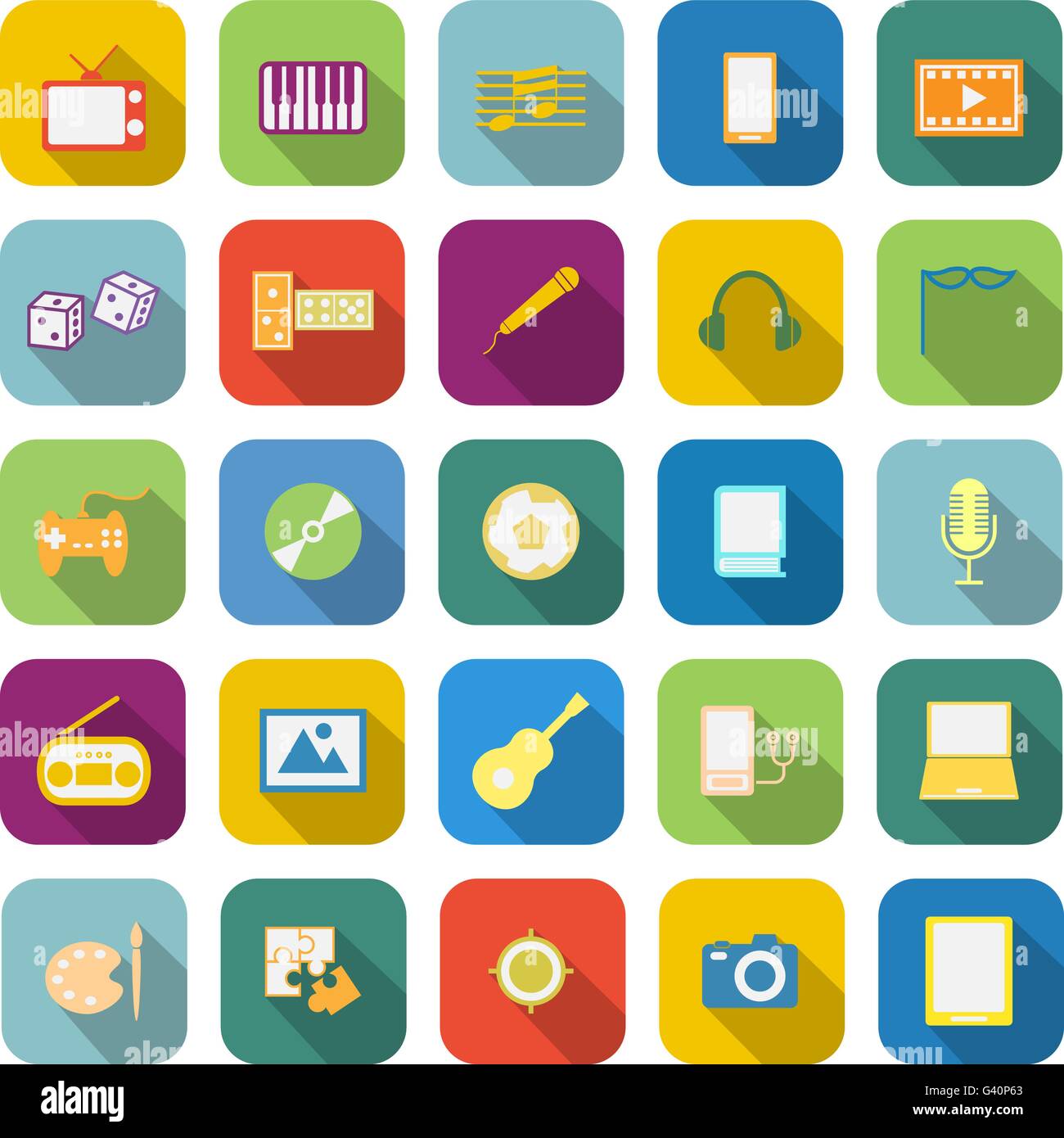 Entertainment color icons with long shadow on white background Stock ...