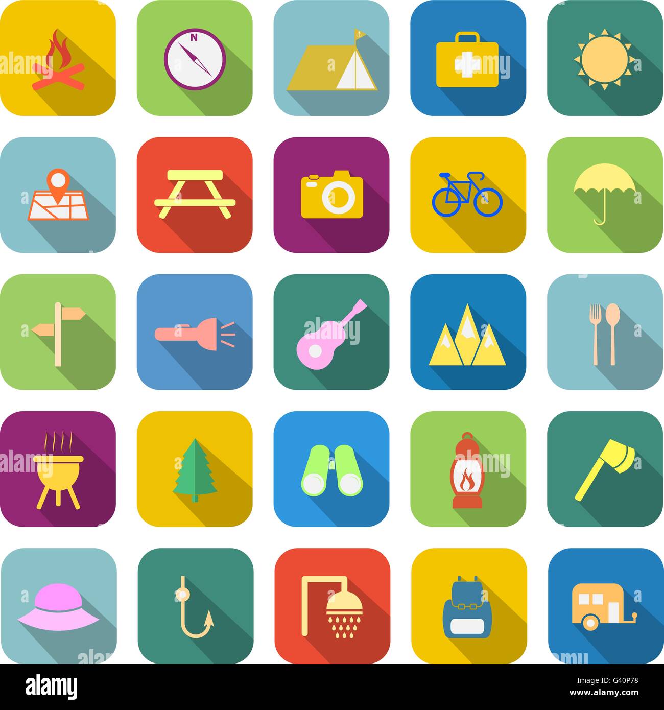 Camping color icons with long shadow on white background Stock Vector ...