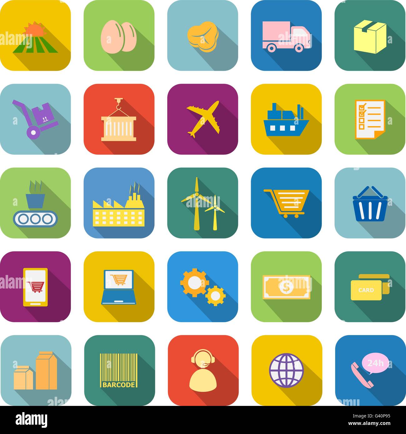Supply chain color icons with long shadow on white background Stock ...