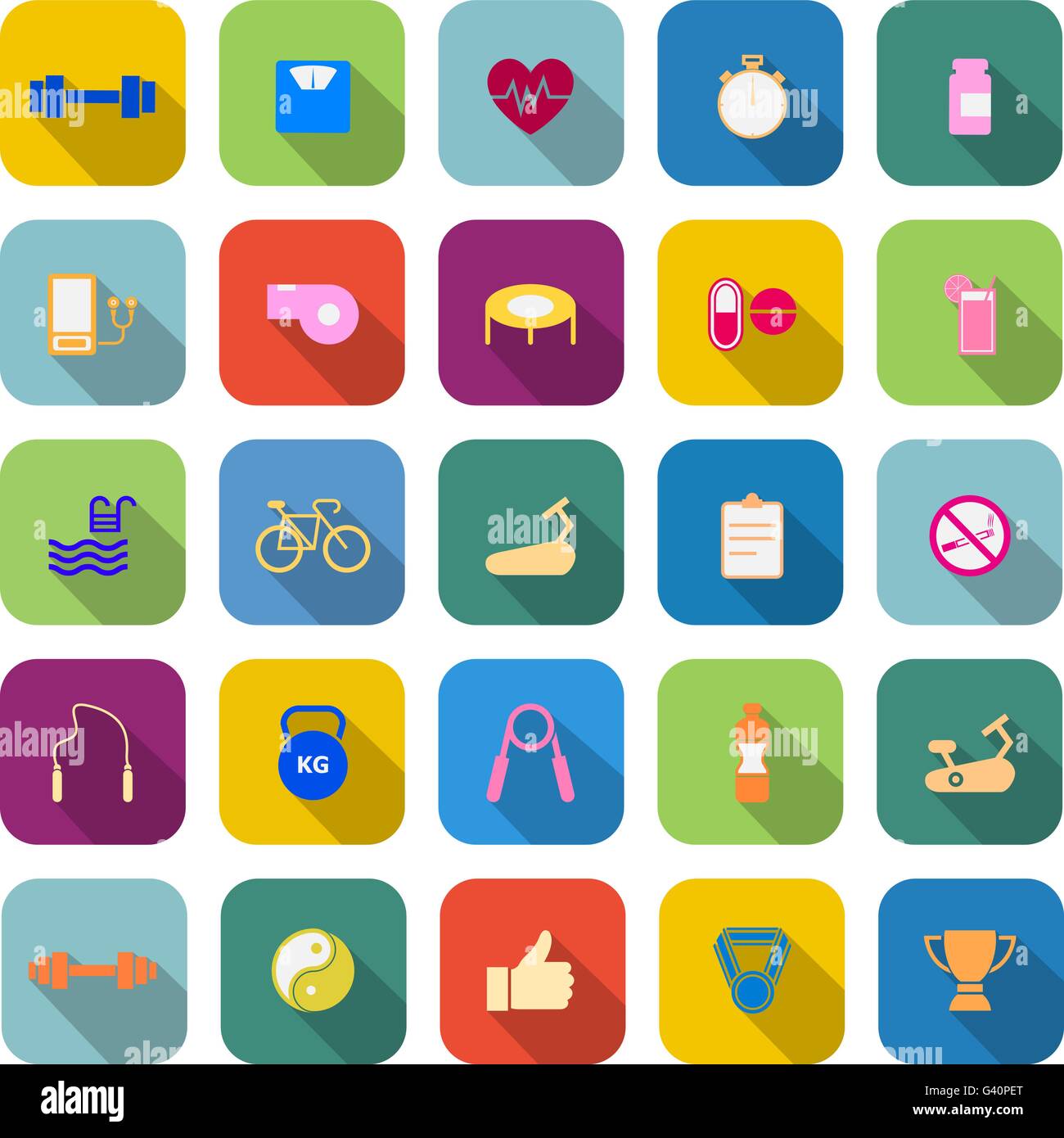 Fitness color icons with long shadow on white background Stock Vector ...