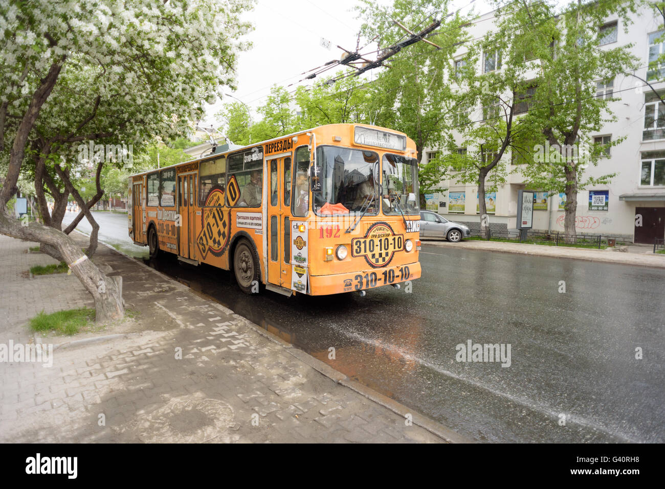 Yellow Russian Trolley Bus in Yekaterinburg carrying people to work ...