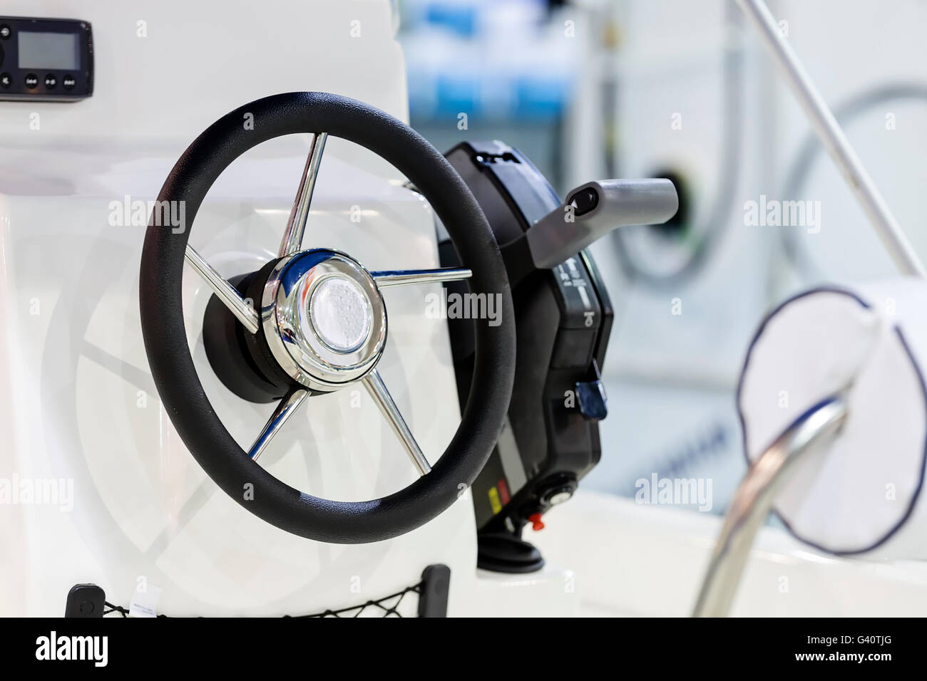 new powerful black-chrome steering wheel for boat; note shallow depth ...