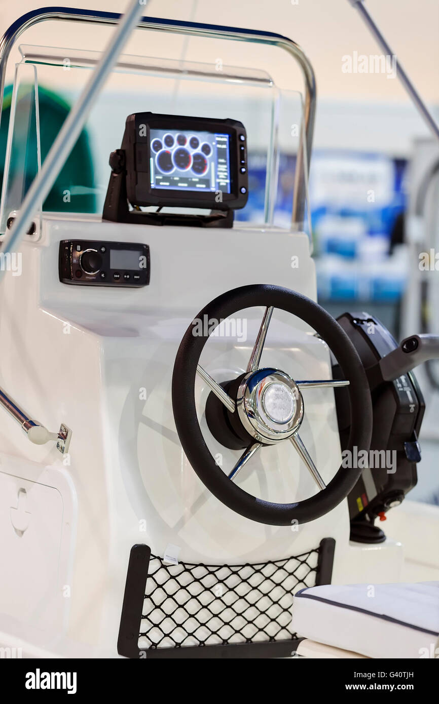 new powerful chrome-black steering wheel for boat; note shallow depth ...