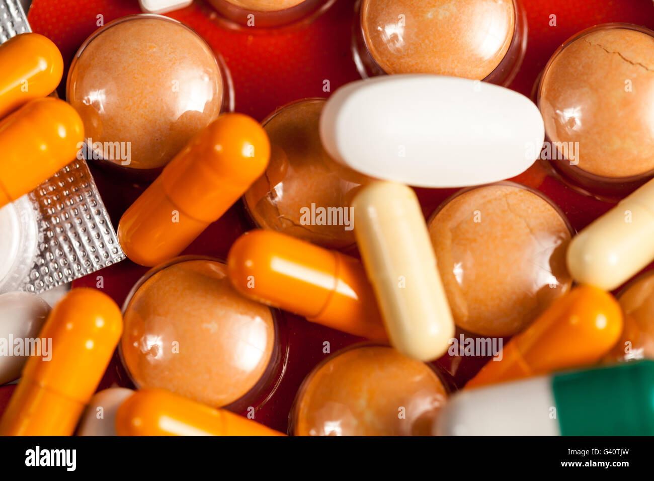 Healthcare medication. Pharmacy drugs and pills on table in close up ...