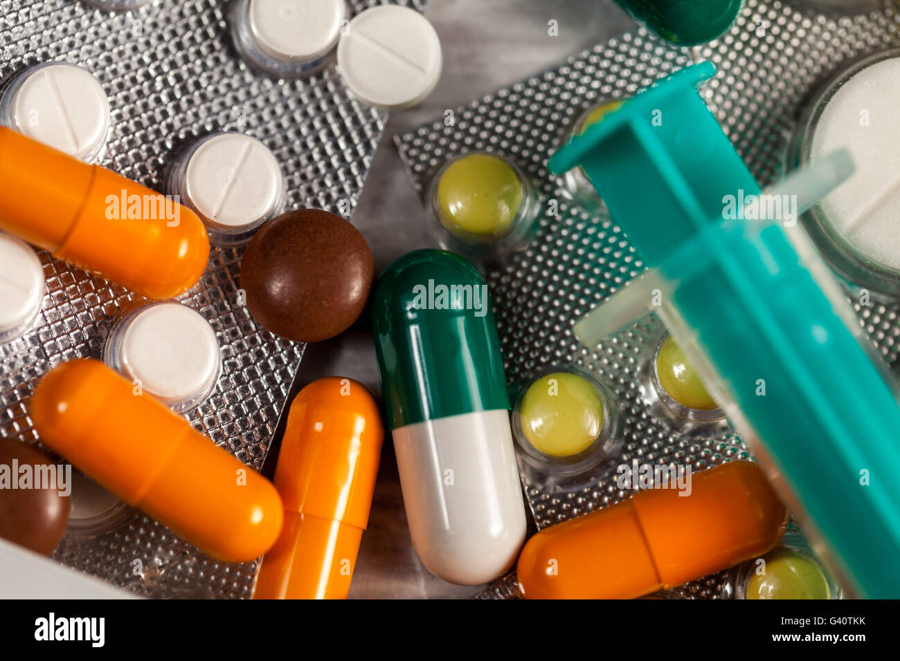 Drugs, pills and medication on table in close up photo. Healthcare ...