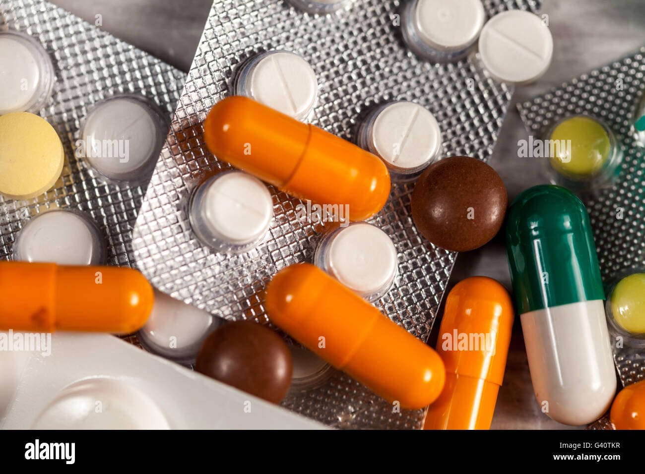 Drugs, pills and medication on table in close up photo. Healthcare ...