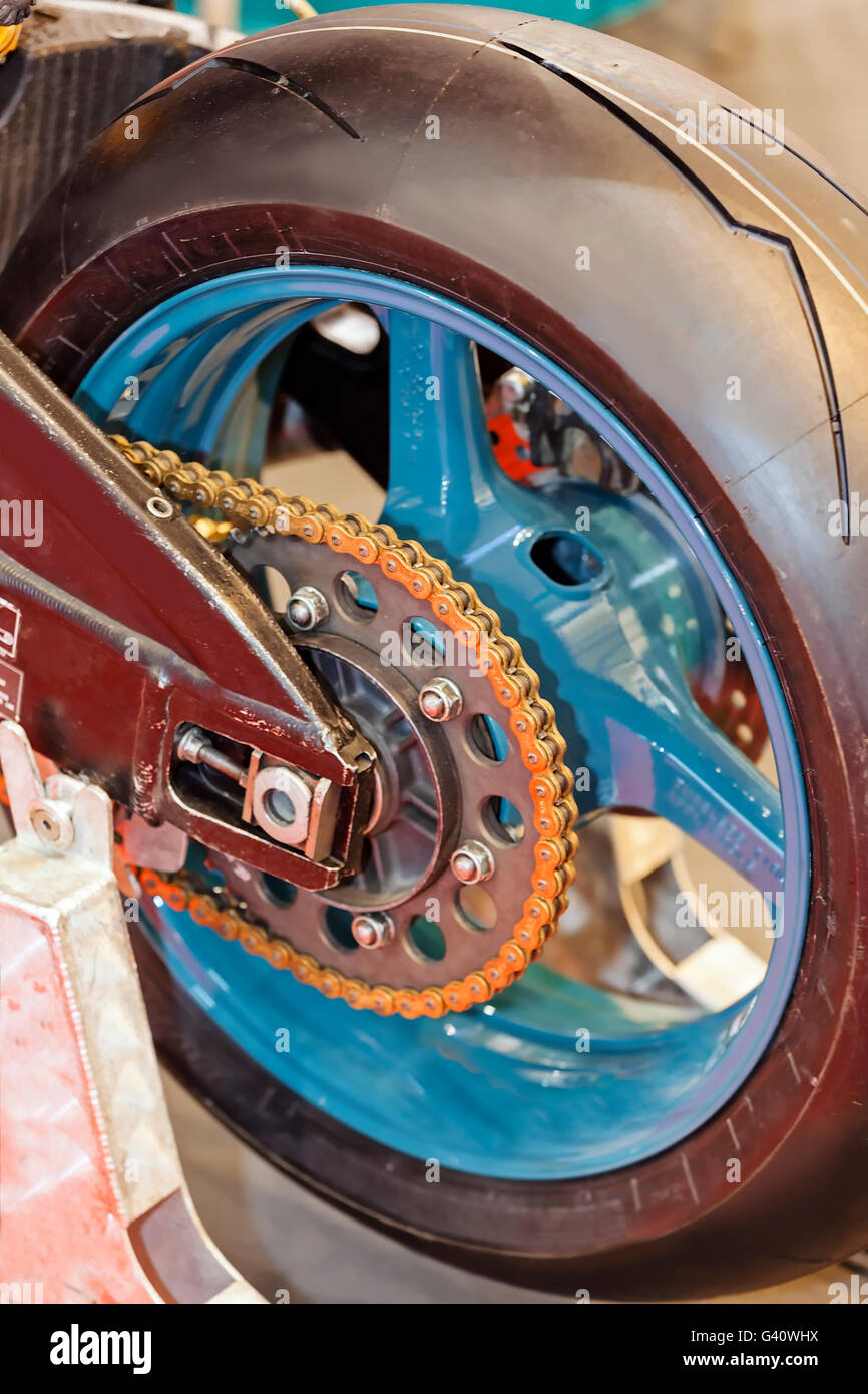 Closeup modern blue motor wheel with new tyre Stock Photo - Alamy