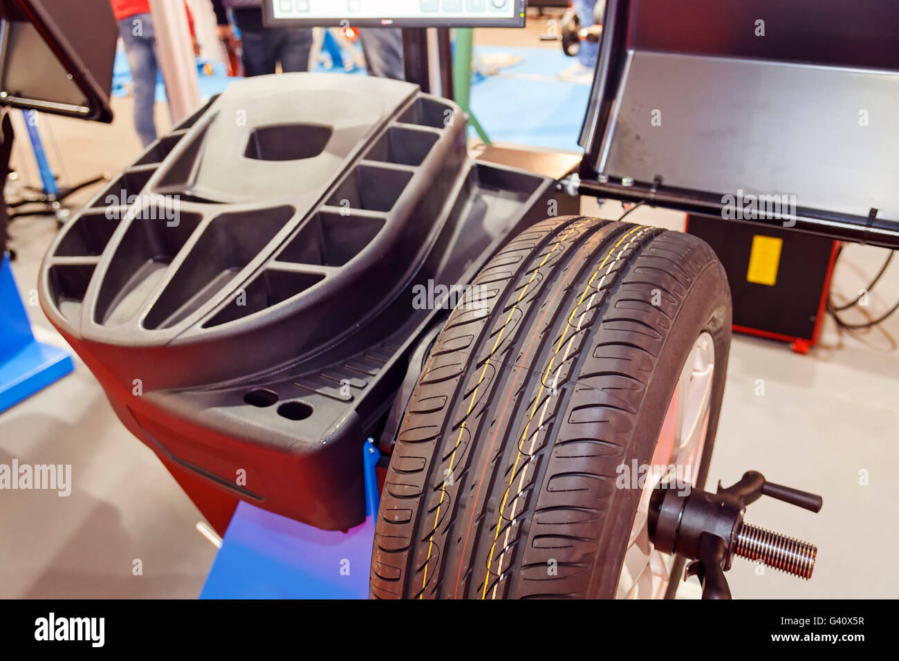 Car wheel service station and diagnostic equipment; note shallow depth ...