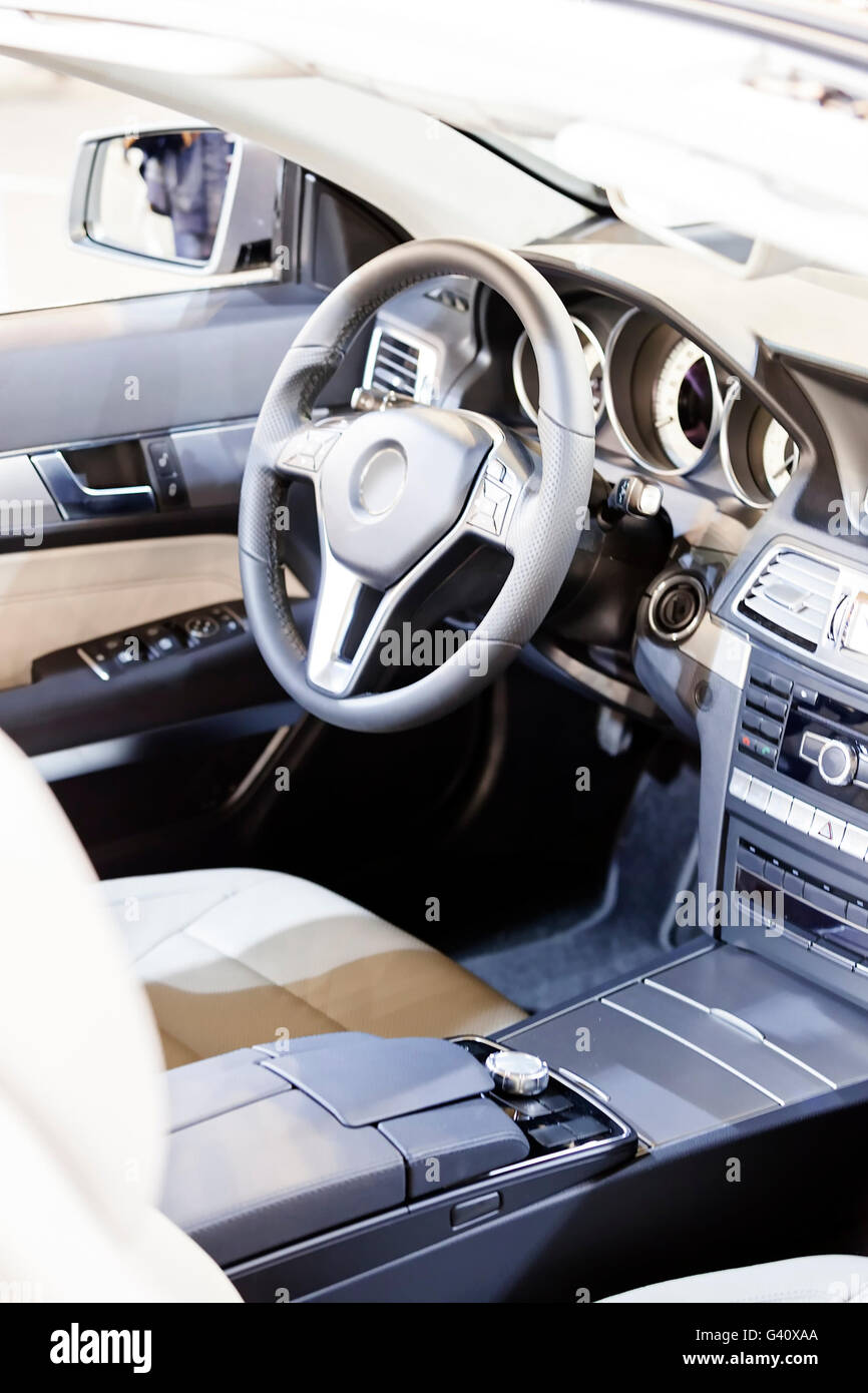 New powerful leather car steering wheel inside; note shallow depth of ...