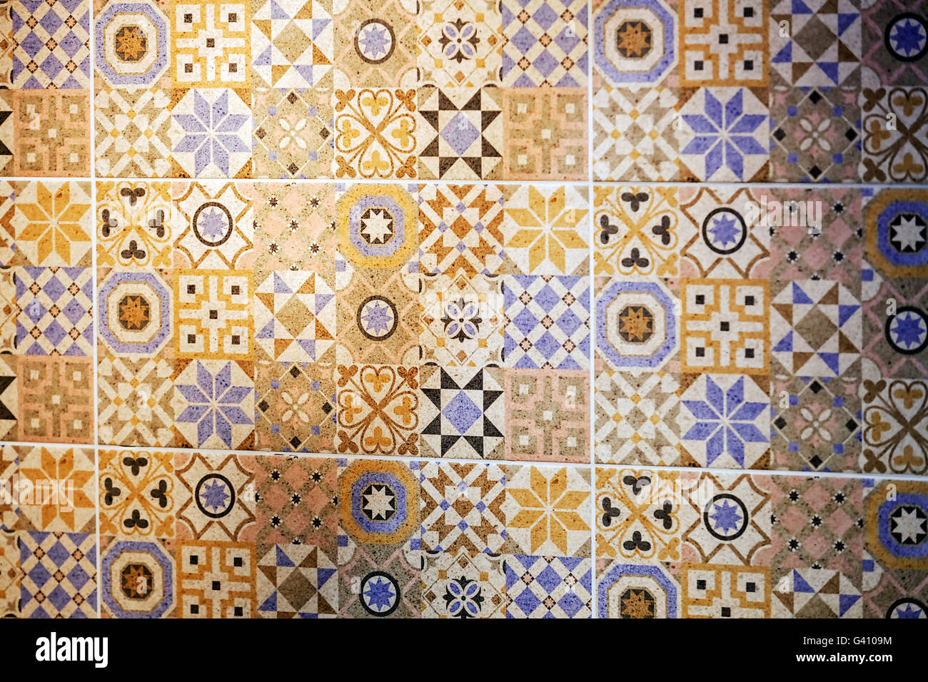 Close up of colorful bathroom and wall decorated ceramic tiles Stock ...