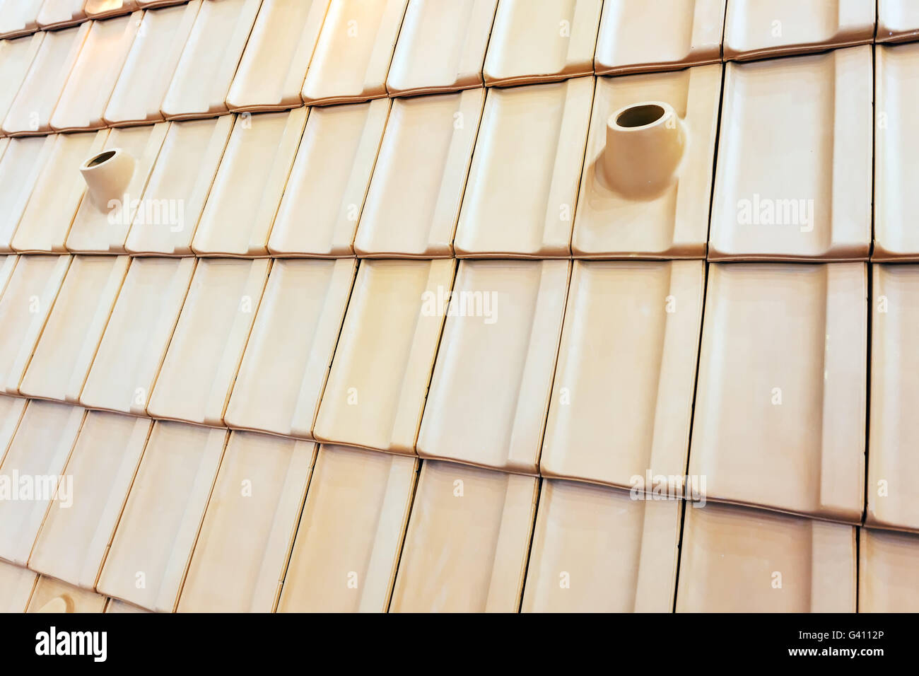 Detail of roof tiles on exhibition stand at construction fair Stock ...