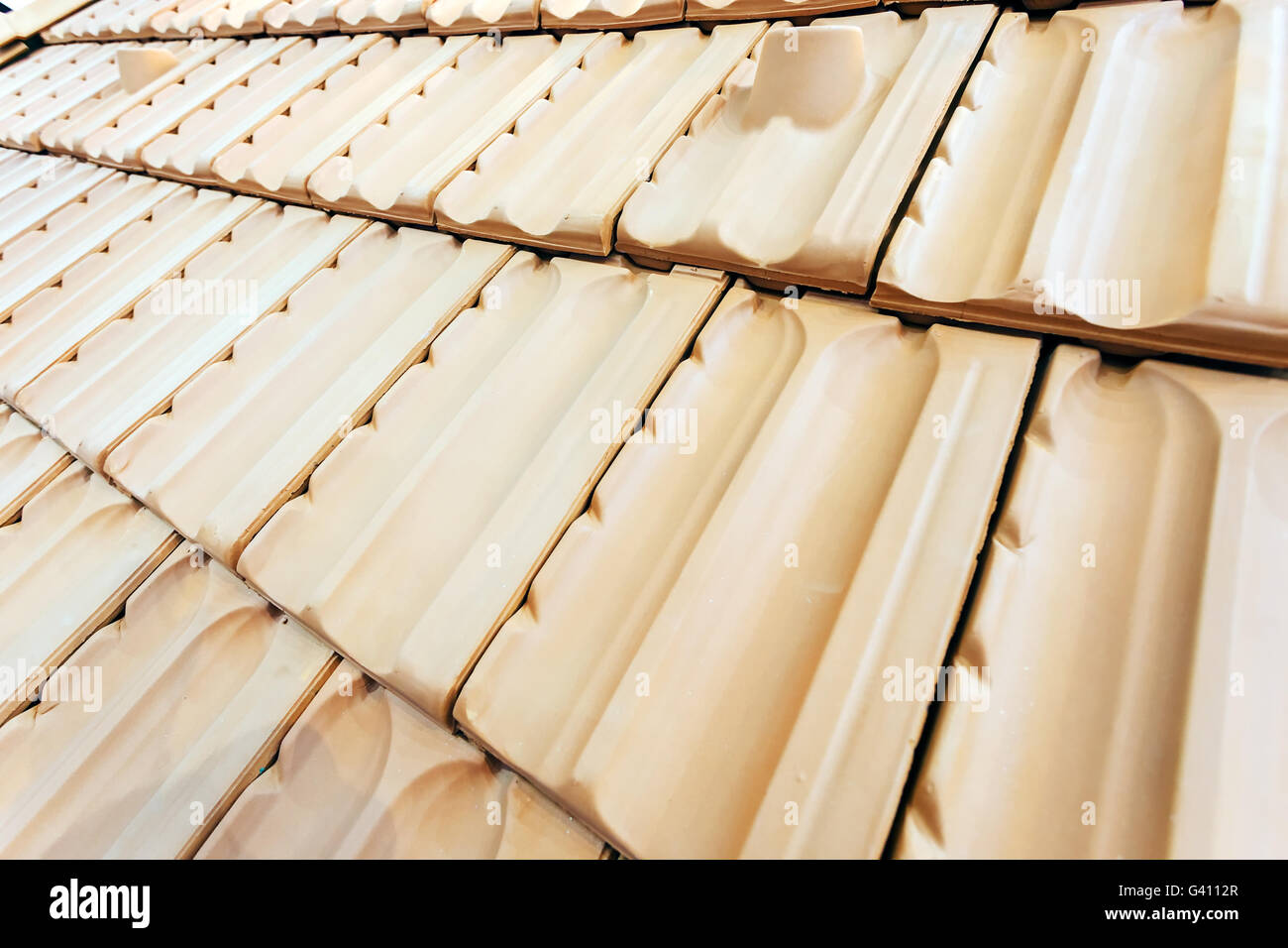 Detail of roof tiles on exhibition stand at construction fair Stock ...